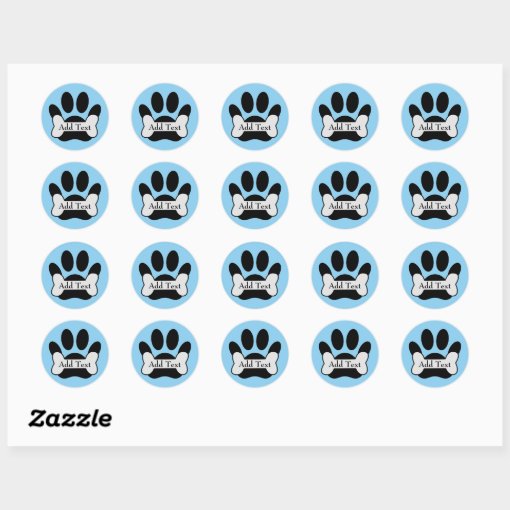 Dog Paw Print And Bone On Baby Blue Classic Round Sticker | Zazzle