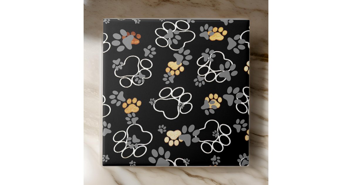 Dog Paws Grey | Black Ceramic Tile | Zazzle