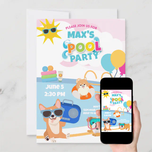 Dog Pool Party, Dog Pawty Birthday Summer Blue Invitation | Zazzle