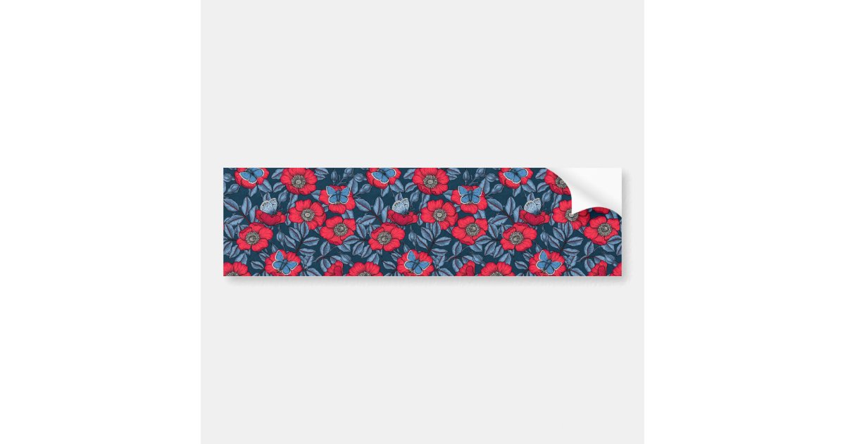 Dog rose and butterflies in blue and red bumper sticker | Zazzle