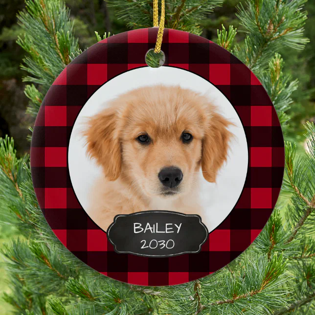 Dog Rustic Red Plaid Christmas Puppy Pet Photo Ceramic Ornament | Zazzle