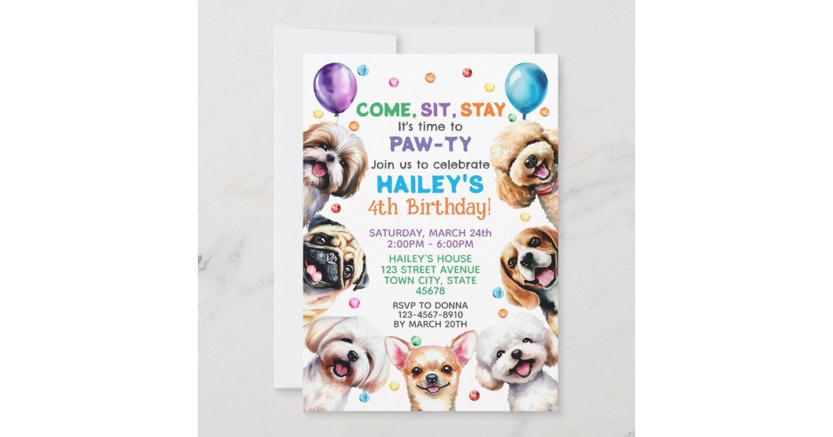 Dog Theme 4th Birthday Party Invitation | Zazzle