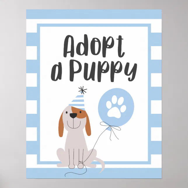 Dog Theme Birthday Party | Adopt A Puppy Sign Blue | Zazzle