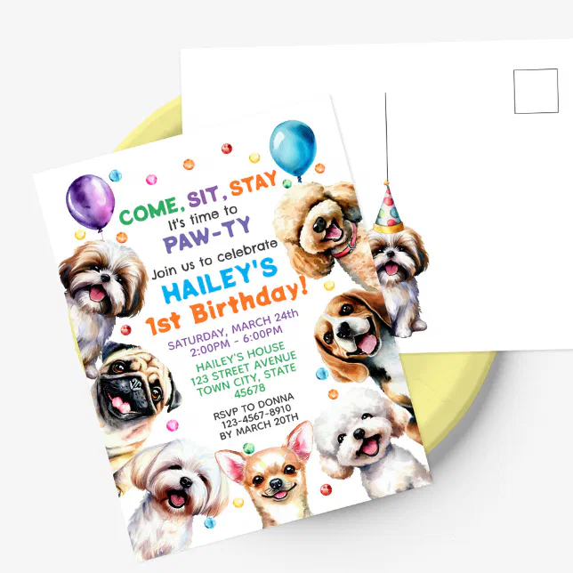 Dog Theme Birthday Party Invitation Postcard | Zazzle