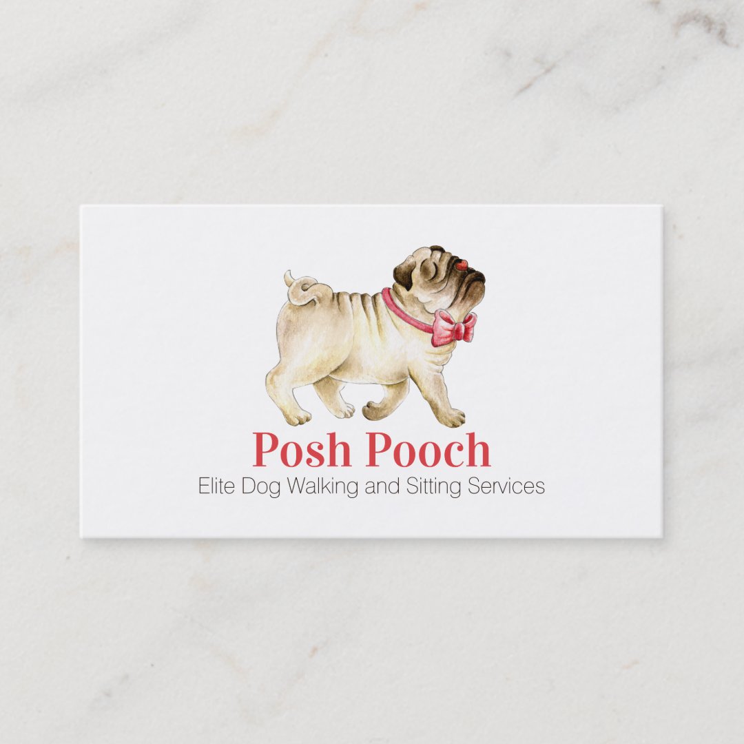 Dog walking and sitting service posh pug red business card | Zazzle