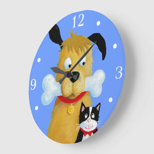 Dog with Bone and Cat - Wall Clock | Zazzle