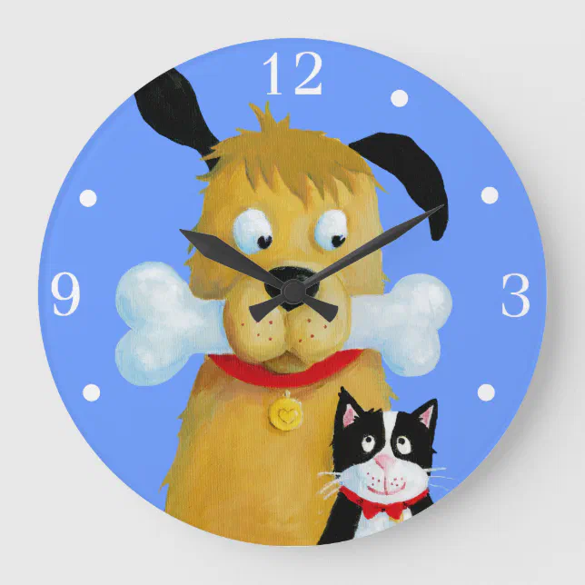 Dog with Bone and Cat - Wall Clock | Zazzle