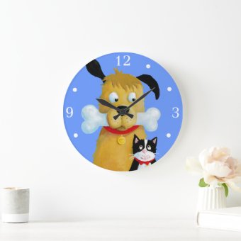 Dog with Bone and Cat - Wall Clock | Zazzle