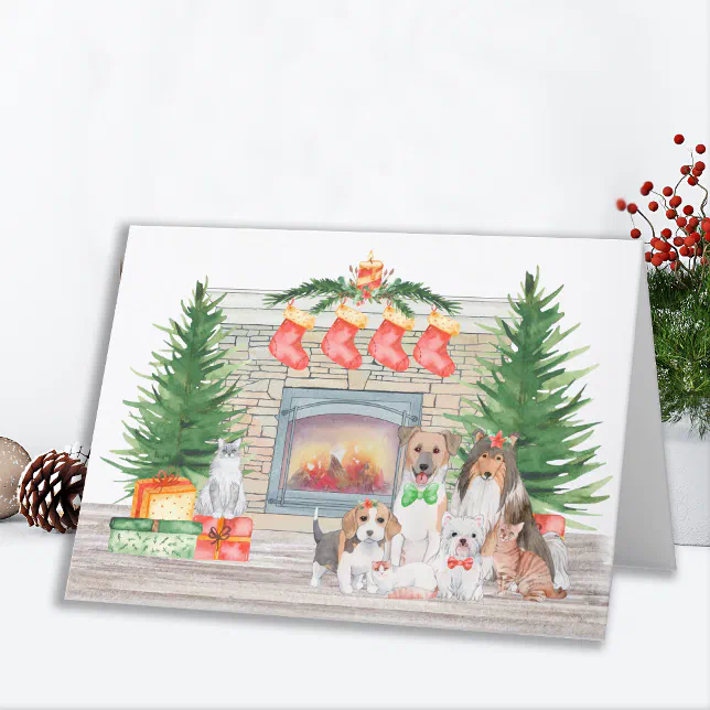 Dogs Cats Puppies Kittens Cute Christmas Fireplace Holiday Card | Zazzle