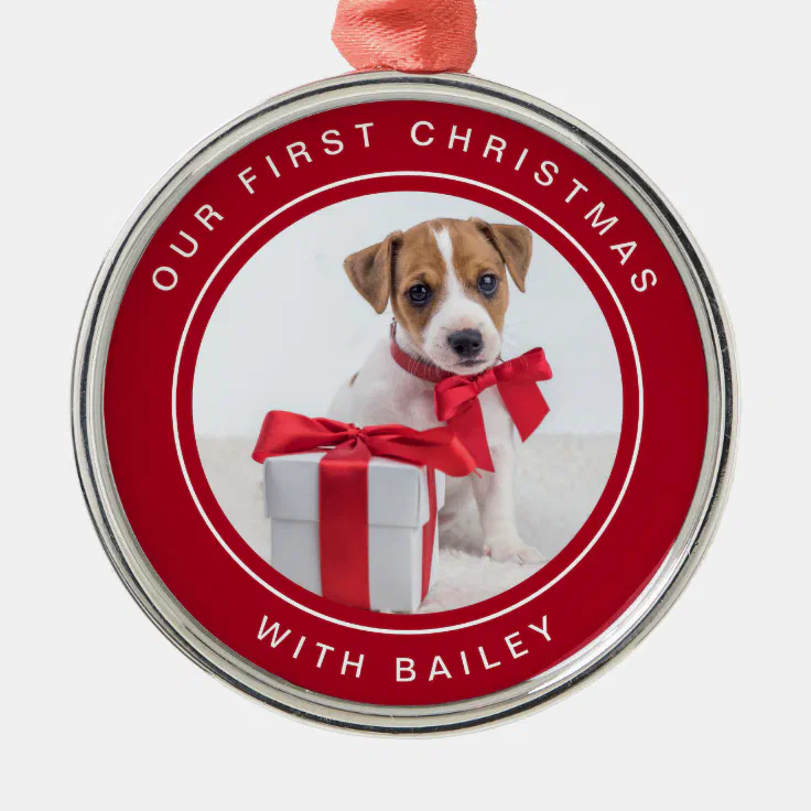 Dog's First Christmas | Red and White with Photo Metal Ornament | Zazzle