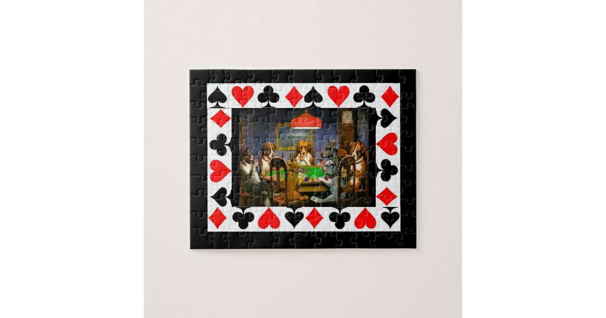 Dogs Playing Poker with Card Suits Border Jigsaw Puzzle | Zazzle