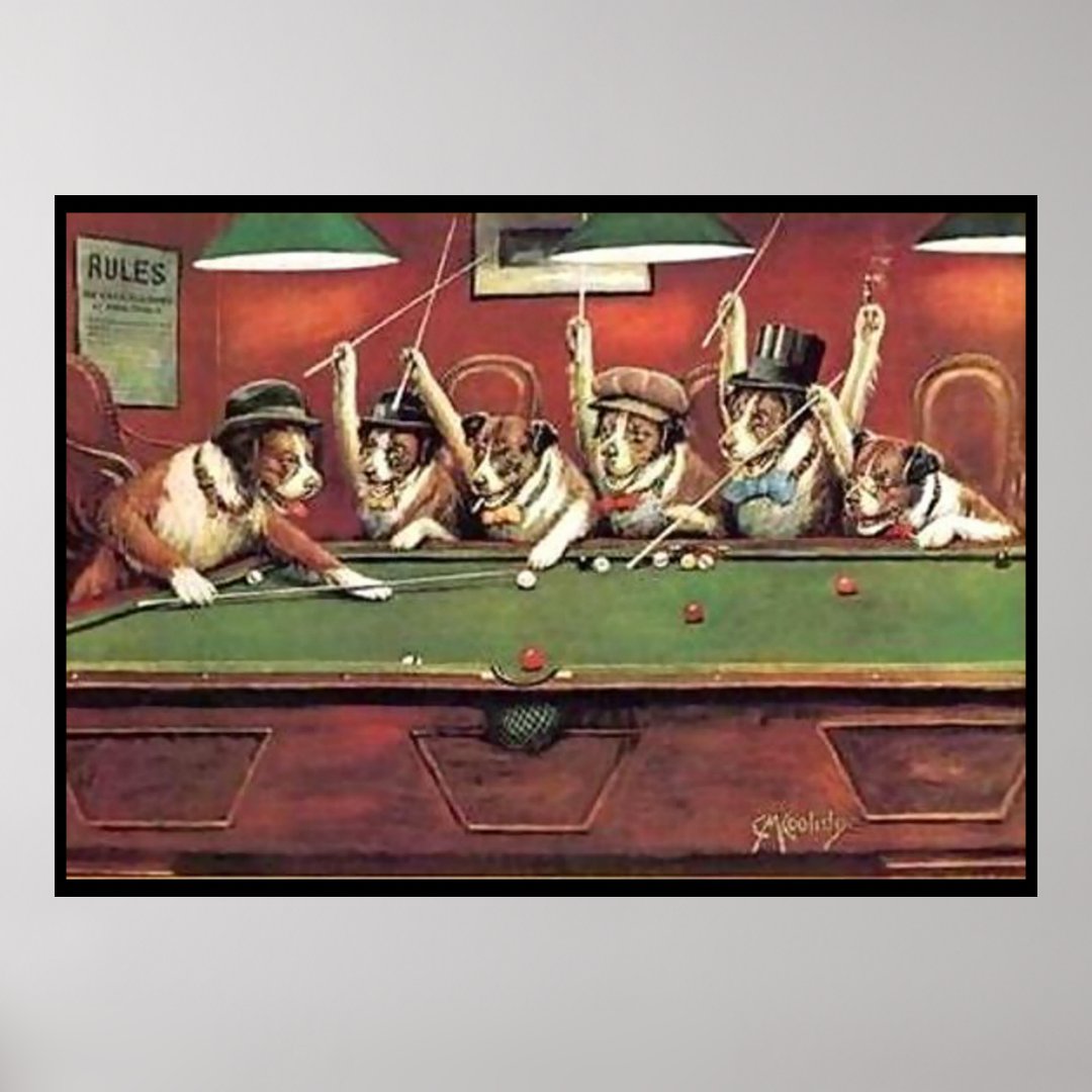 Dogs Playing Pool - Discussing the Shot Poster | Zazzle