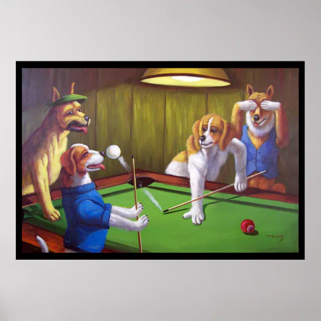 Dogs Playing Pool - Off the Table Poster | Zazzle