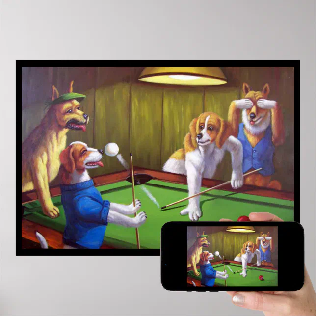 Dogs Playing Pool - Off the Table Poster | Zazzle
