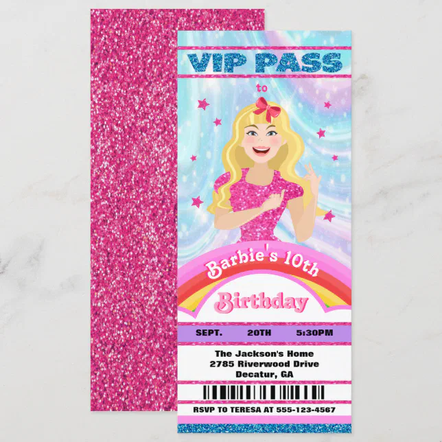 Doll Pink Glitter Movie Star VIP tickets Birthday Invitation | Zazzle
