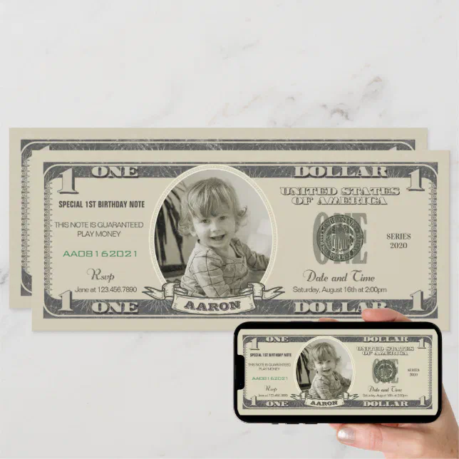 Dollar Bill Invitation for a First Birthday | Zazzle