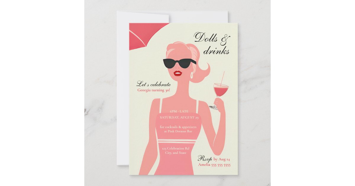 Dolls & Drinks 30th Birthday Cocktail Party Invitation | Zazzle