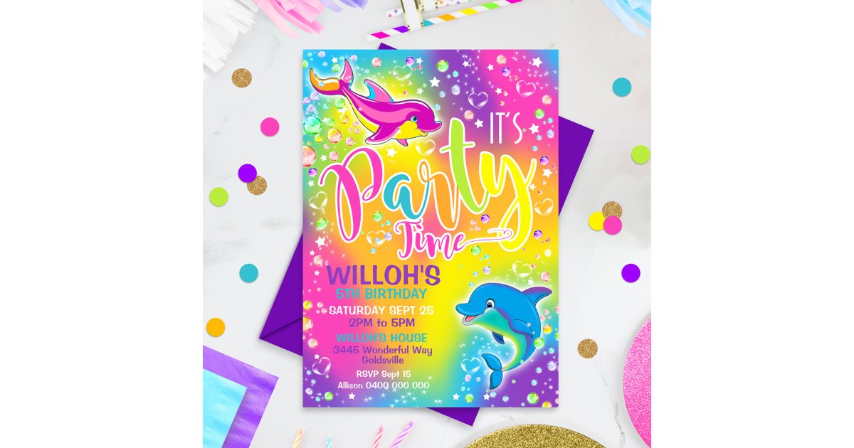 Dolphin Birthday Invitation Rainbow Dolphin Invite | Zazzle