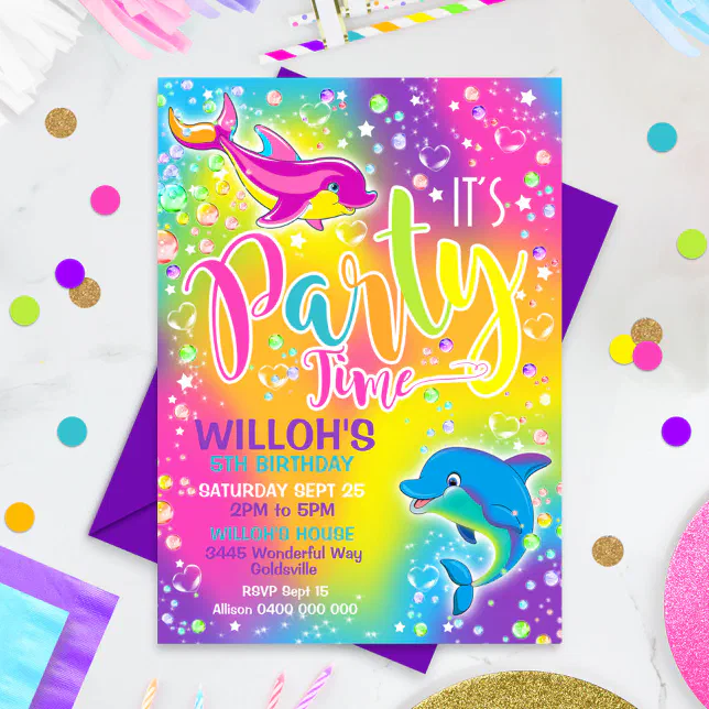 Dolphin Birthday Invitation Rainbow Dolphin Invite | Zazzle