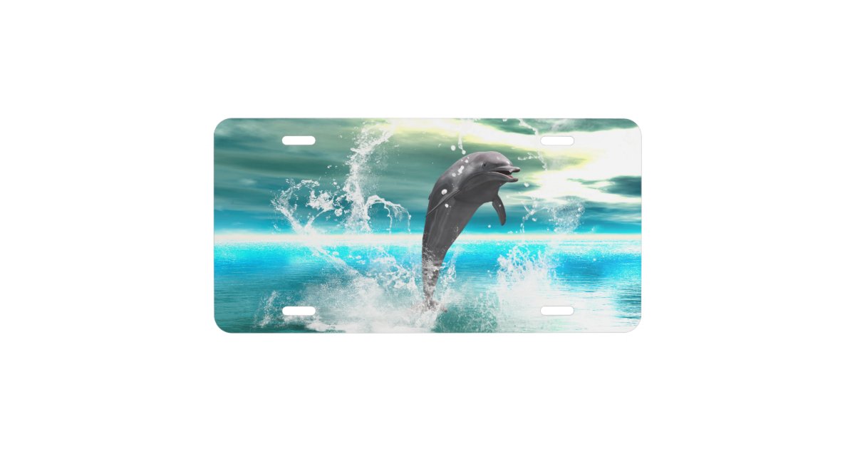 Dolphin jumping in the sea with waves as heart license plate | Zazzle