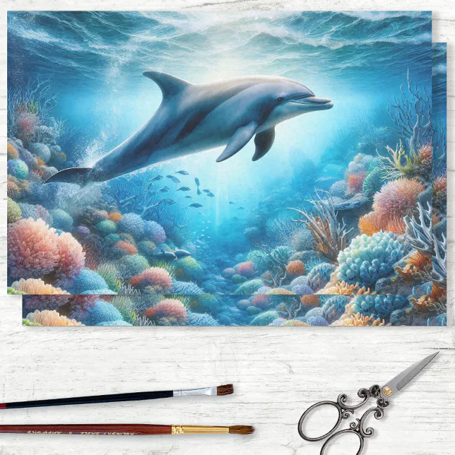 Dolphin Ocean Reef Watercolor Decoupage Tissue Paper | Zazzle