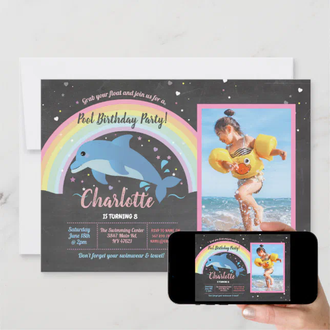 Dolphin Photo Pool Rainbow Party Birthday Float Invitation | Zazzle