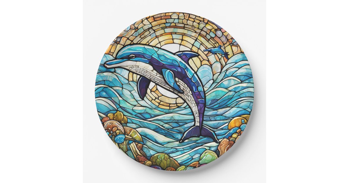 Dolphin stained glass paper plates | Zazzle