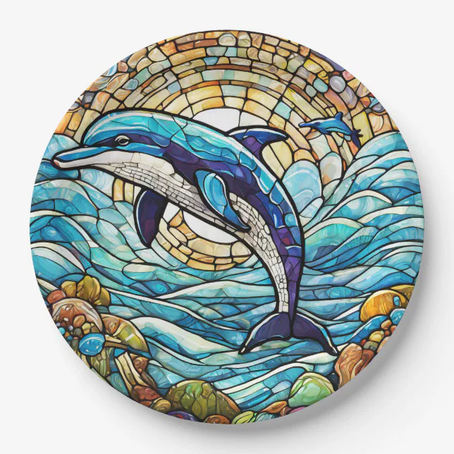 Dolphin stained glass paper plates | Zazzle
