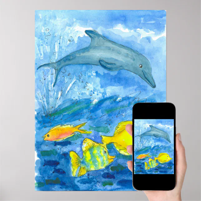 Dolphin Tropical Fish Watercolor Painting Poster | Zazzle