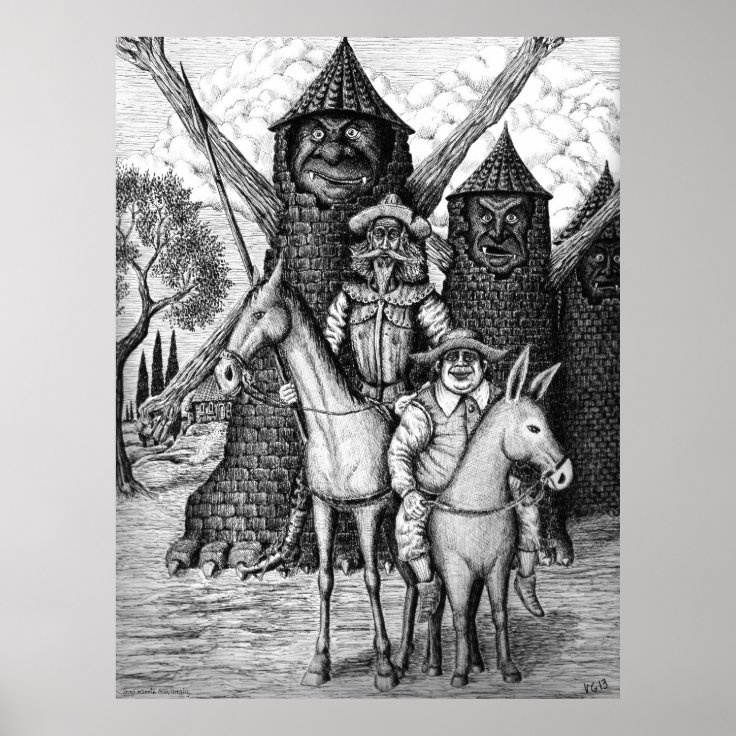 Don Quixote and Sancho Panza ink pen drawing Poster | Zazzle