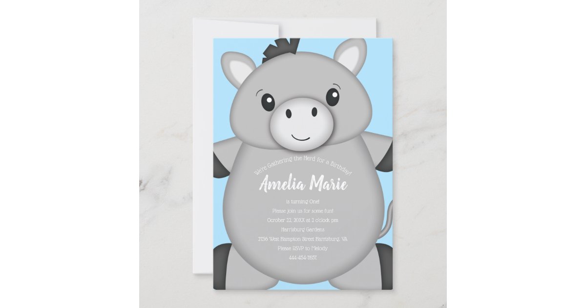 Donkey Birthday Party Blue Invitation | Zazzle