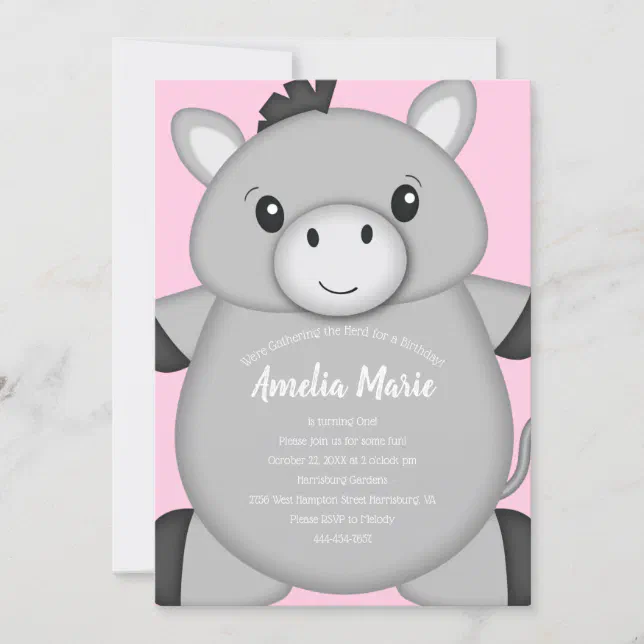 Donkey Birthday Party Pink Invitation | Zazzle