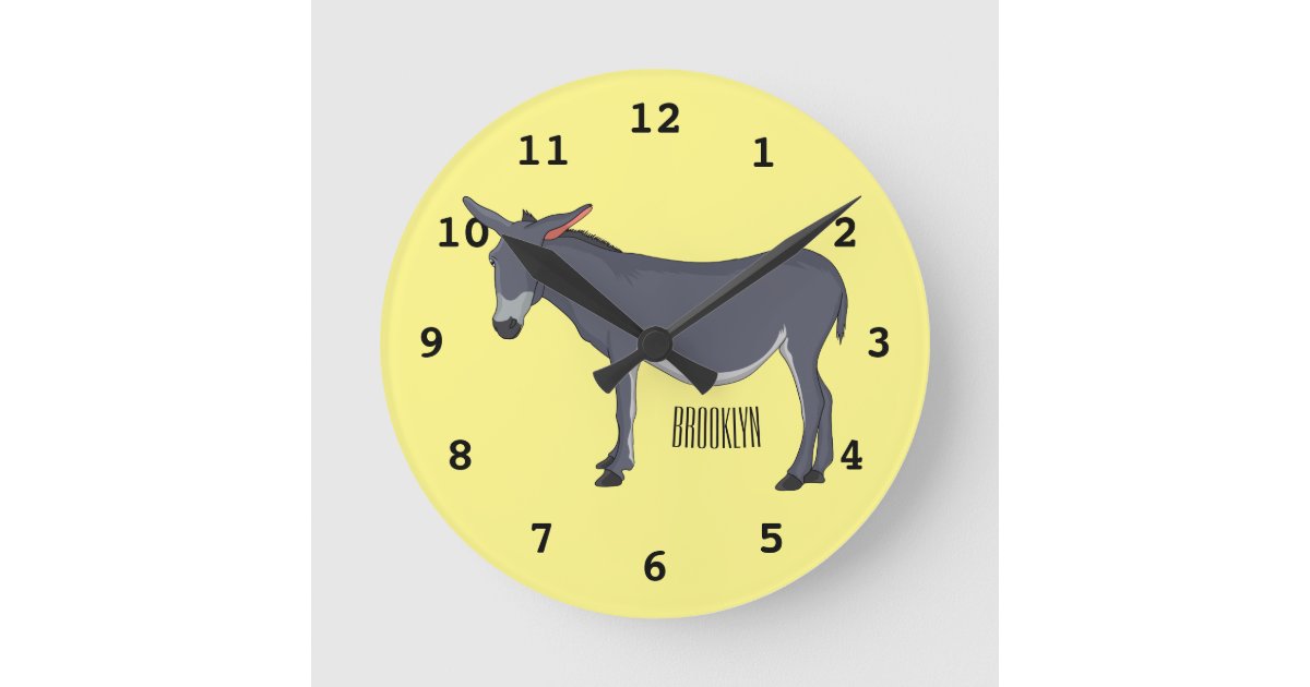 Donkey cartoon illustration round clock | Zazzle