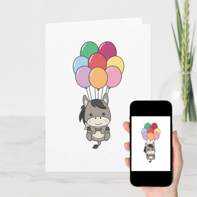 Donkey Flies Up With Colorful Balloons Card | Zazzle