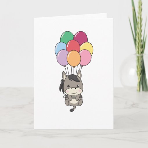 Donkey Flies Up With Colorful Balloons Card | Zazzle