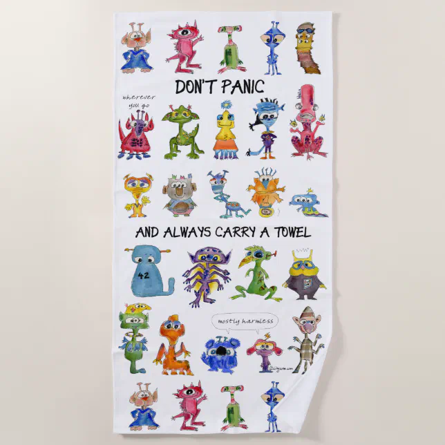 Don't Panic Alien Cartoon Monsters Beach Towel | Zazzle