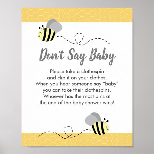 Don't Say Baby Bumble Bee Baby Shower Game Poster | Zazzle