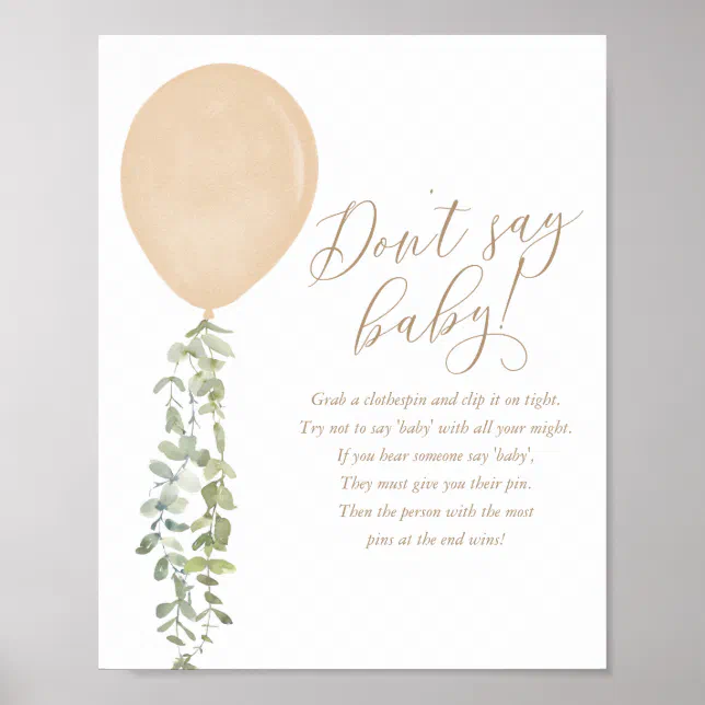 Don't Say Baby Gold Balloon Neutral Baby Shower Poster | Zazzle