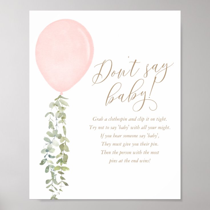 Don't Say Baby Pink Balloon Girl Baby Shower Poster | Zazzle