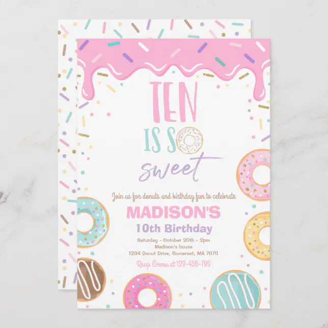 Donut 10th Birthday Party Ten Is So Sweet Invitation | Zazzle