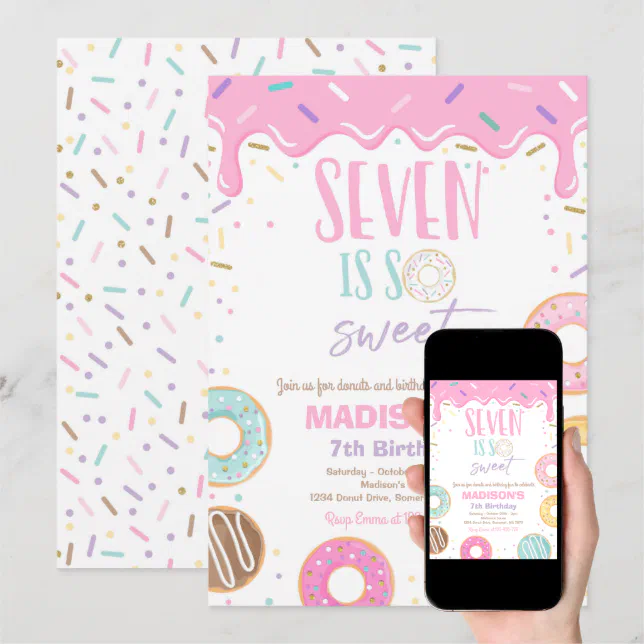 Donut 7th Birthday Party Seven Is So Sweet Invitation | Zazzle