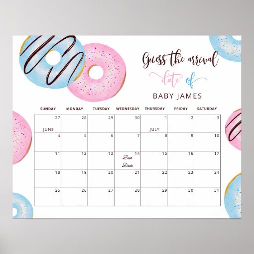 Donut gender reveal Guess the due Date calendar Poster | Zazzle