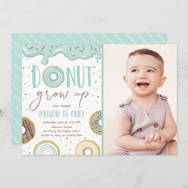 Donut Grow Up Blue Boy Birthday Party Invitation | Zazzle