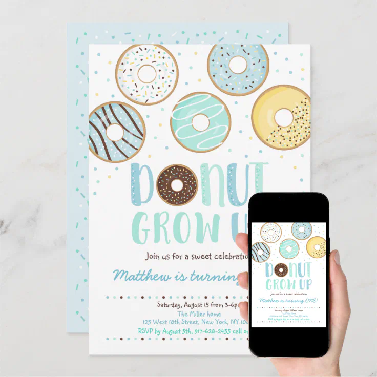 DONUT Grow Up Blue Donut Boy Birthday Invitation | Zazzle