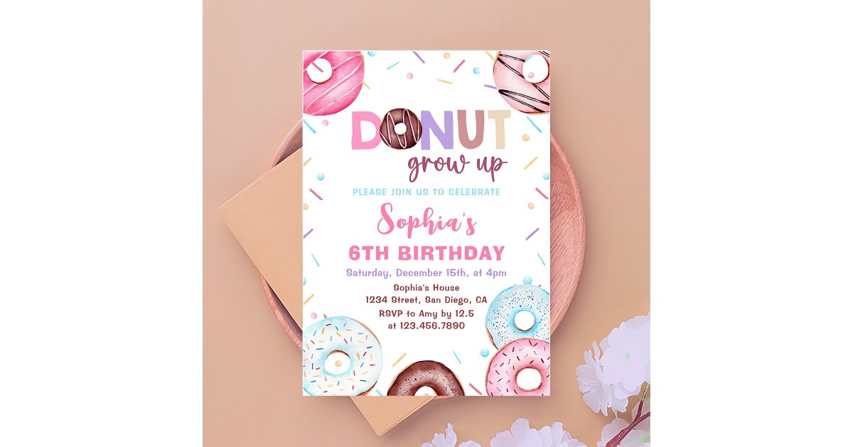 Donut Grow Up Watercolor Donut Birthday Invitation | Zazzle