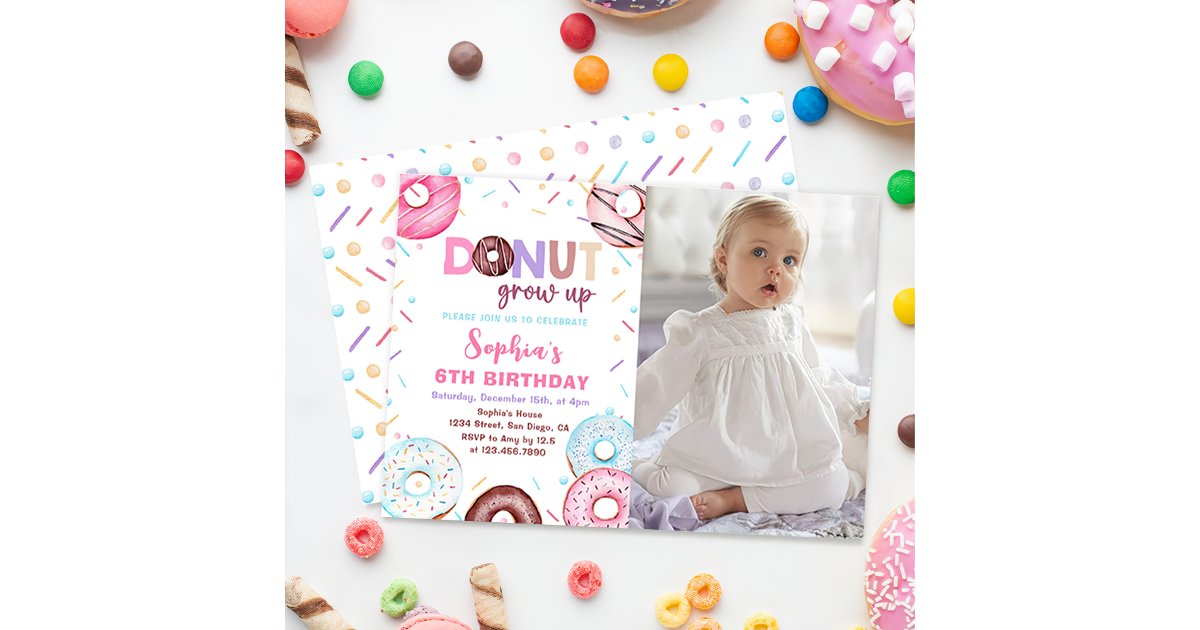 Donut Grow Up Watercolor Donut Birthday Invitation | Zazzle