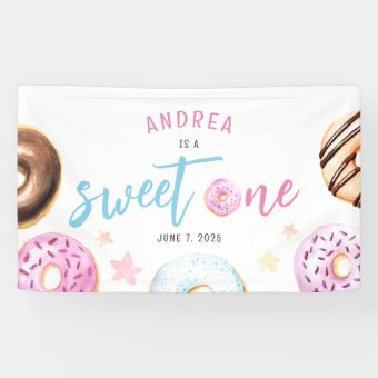 Donut Sweet One Pink and Blue Girls First Birthday Banner | Zazzle