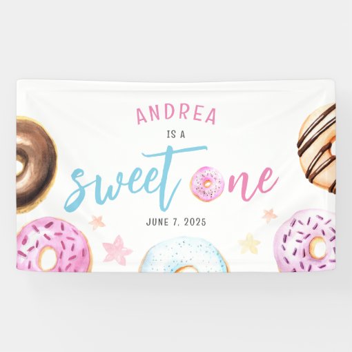 Donut Sweet One Pink and Blue Girls First Birthday Banner | Zazzle