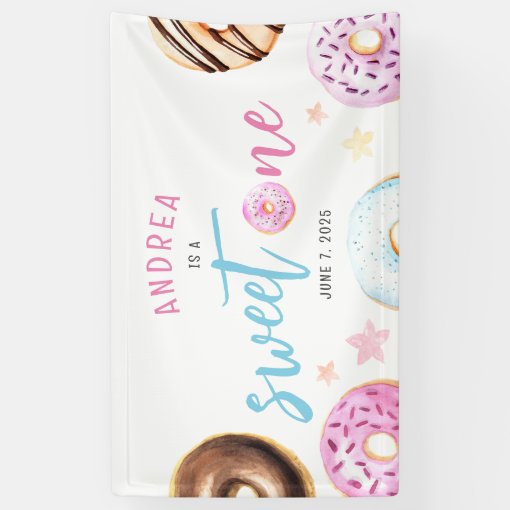 Donut Sweet One Pink and Blue Girls First Birthday Banner | Zazzle