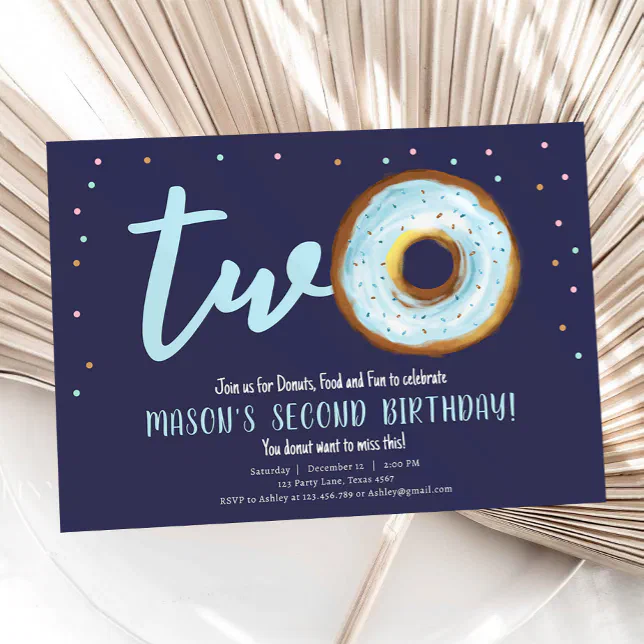 Donut Watercolor Two Sweet Boy Second Birthday Inv Invitation | Zazzle